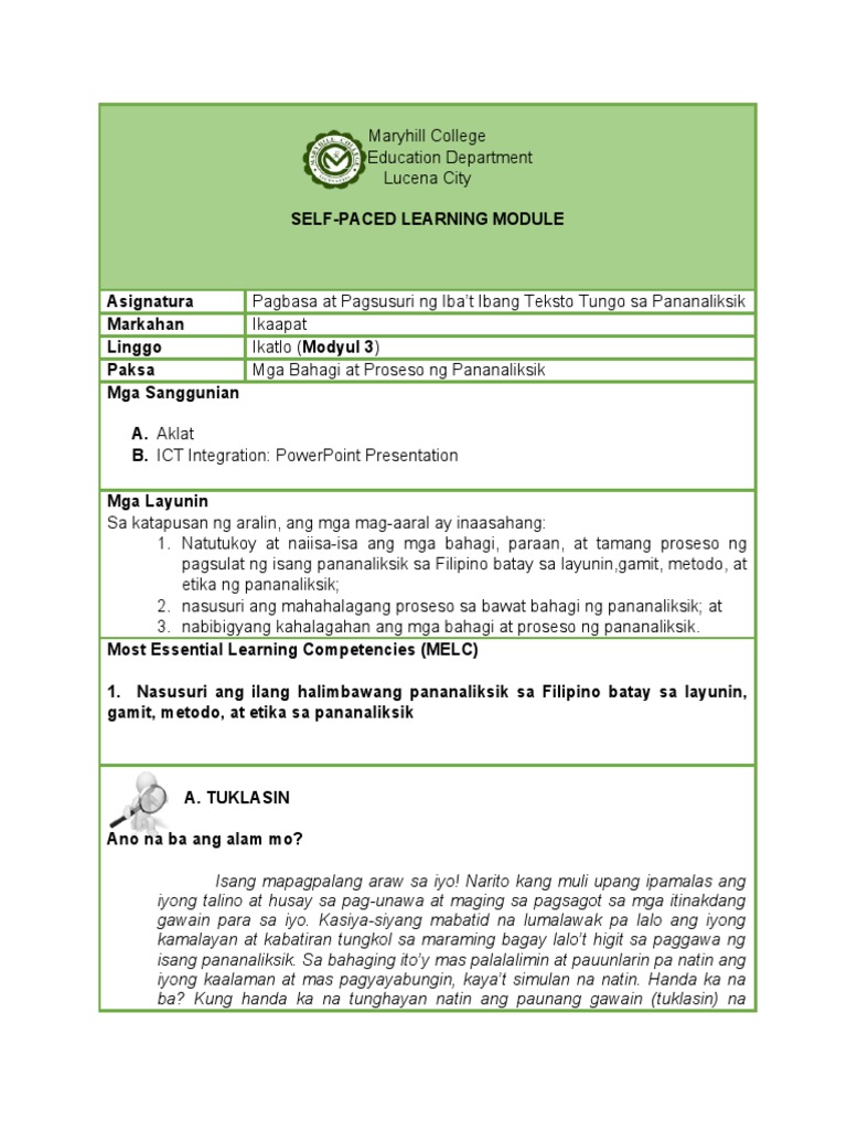 SPLM 3 FILIPINO 11 Answer | PDF