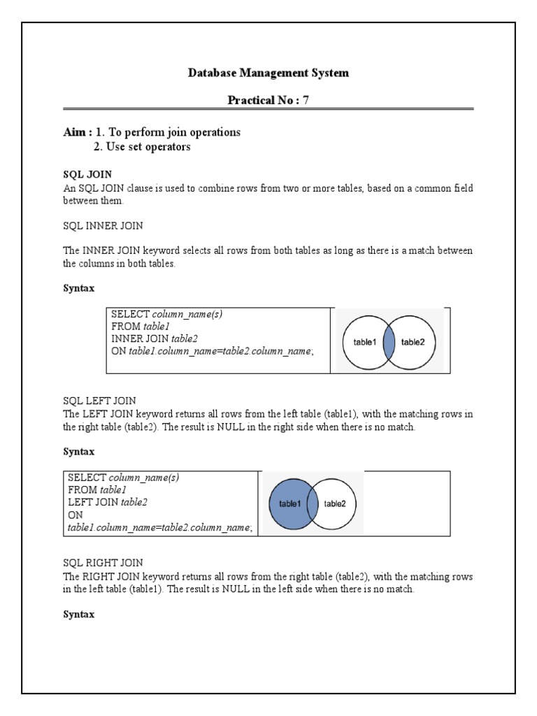 Database Management System Practical No: 7 Aim: 1. To Perform Join ...