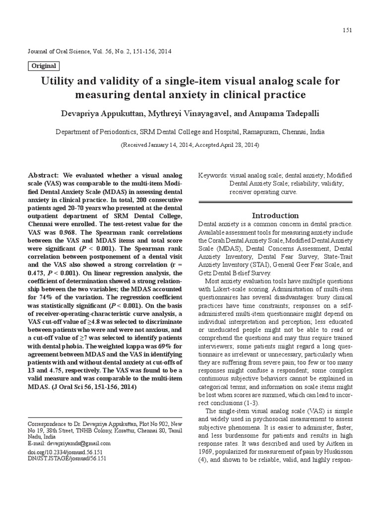 Validity of Visual Analog Scale for Dental Anxiety | PDF | Sensitivity ...