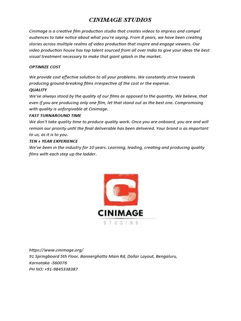 Cinimage Studios: Quality Film Production | PDF | Law