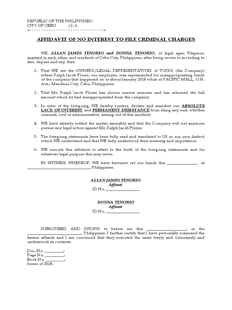 Affidavit of No Interest To File Criminal Charges | PDF