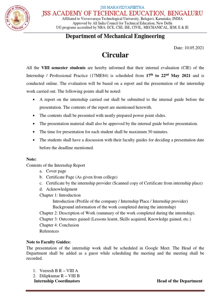 Internship Circular - May 2021 | PDF | Further Education