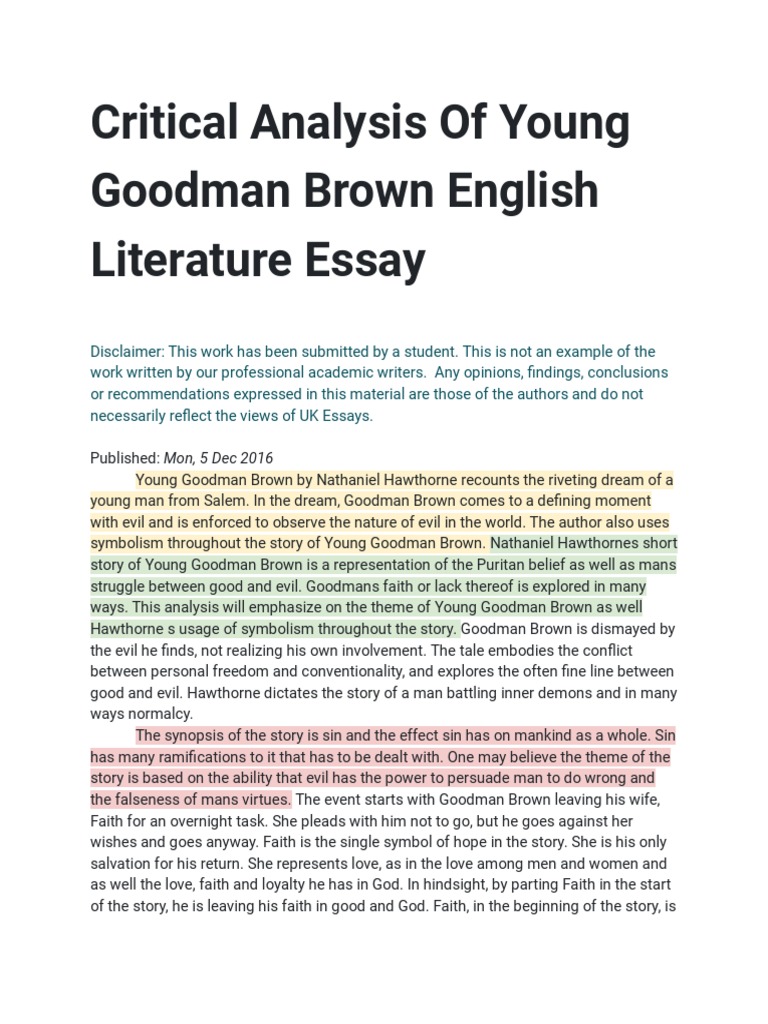 Benjamin Lomeli - Critical Analysis of Young Goodman Brown English ...