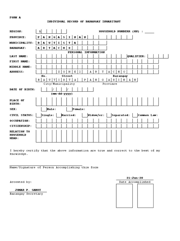 Form Record of Barangay Inhabitant | PDF | Justice | Crime & Violence