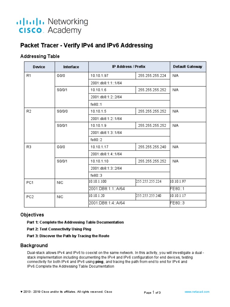 13.2.6 Packet Tracer Verify Ipv4 and Ipv6 Addressing | PDF | I Pv6 | Data Transmission