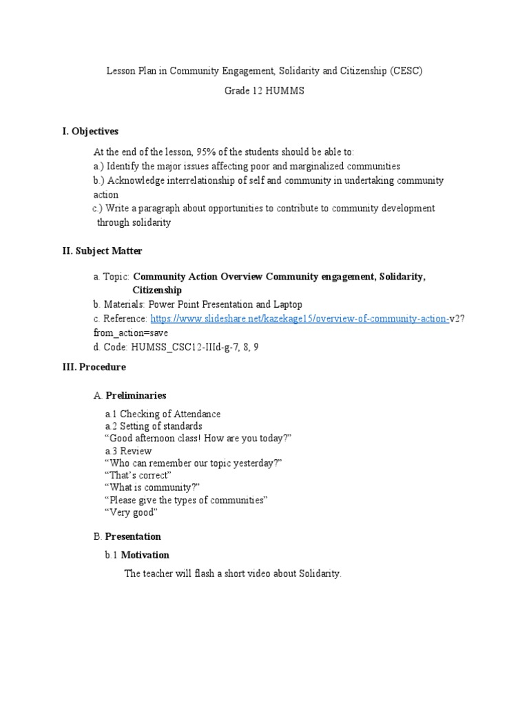 Grade 12 Community Engagement Lesson Plan | PDF | Community | Citizenship
