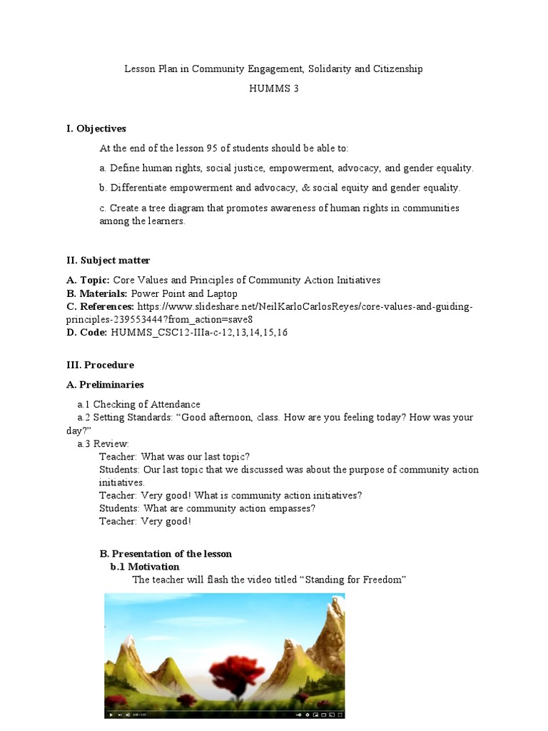 Lesson Plan in Core Values and Principles of Community Action ...