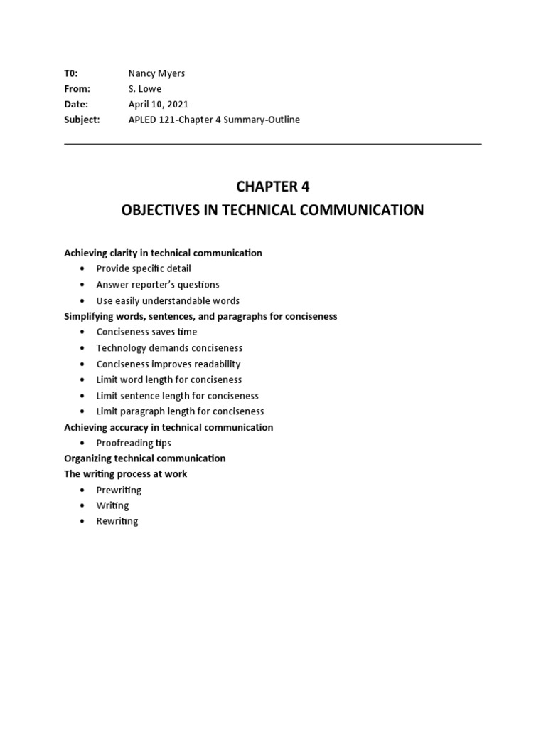 Objectives in Technical Communication: T0: From: Date: Subject | PDF