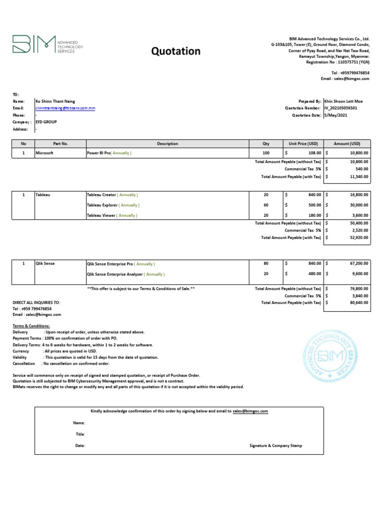 BIM-FDB-BI Tools Quotation | PDF | Receipt | Payments