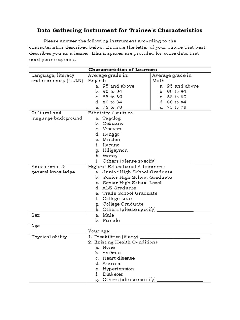 Data Gathering Instrument For Trainee's Characteristics | PDF ...