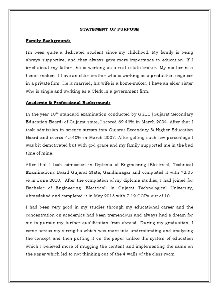 Statement of Purpose Family Background | PDF | Further Education | Business