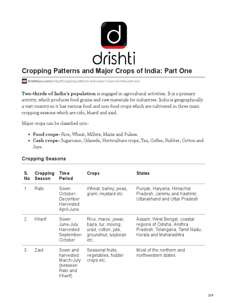 Cropping Patterns and Major Crops of India Part One | PDF | Legume ...