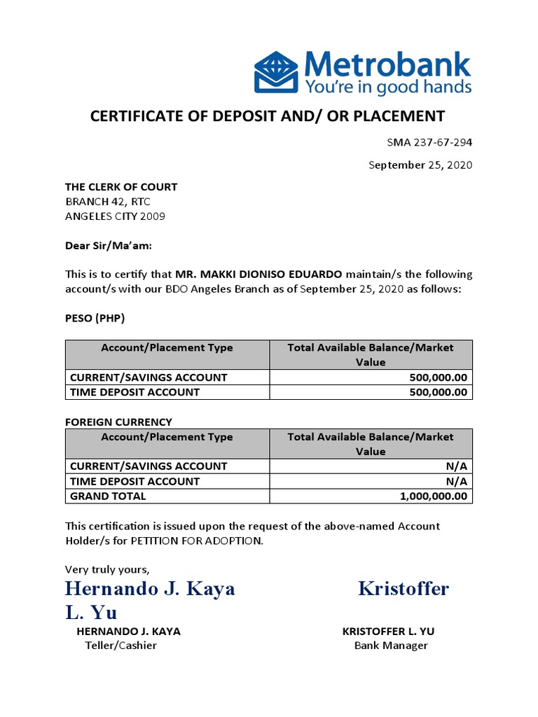 Certificate of Deposit (Metrobank) | PDF | Business | Finance & Money ...