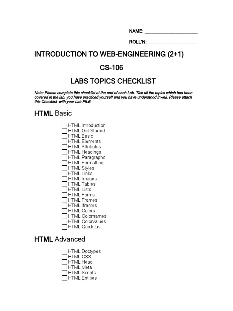 Introduction To Web-Engineering (2+1) CS-106 Labs Topics Checklist | PDF | Html | Cascading ...