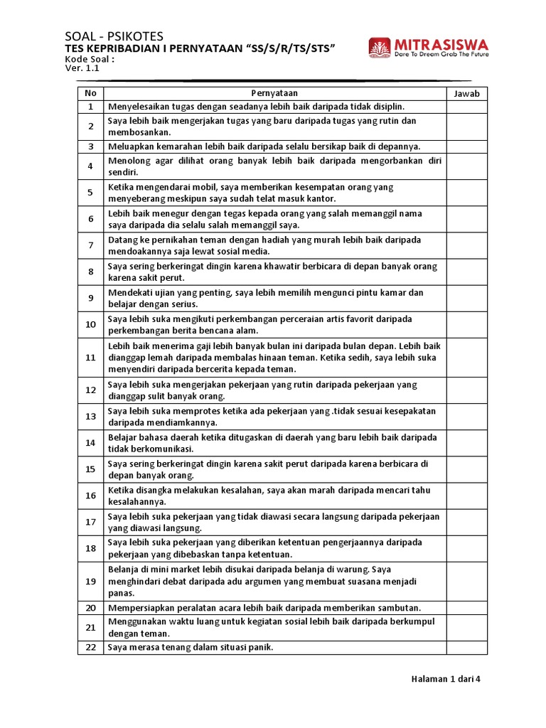 Tes Kepribadian - Pernyataan (SS, S, R, TS, STS) | PDF