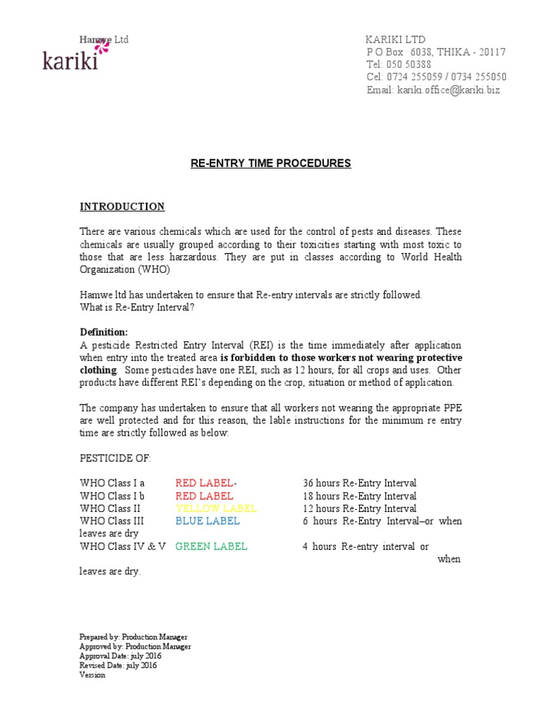 Pesticide Re-Entry Interval Guidelines | PDF | Pesticide | Personal ...