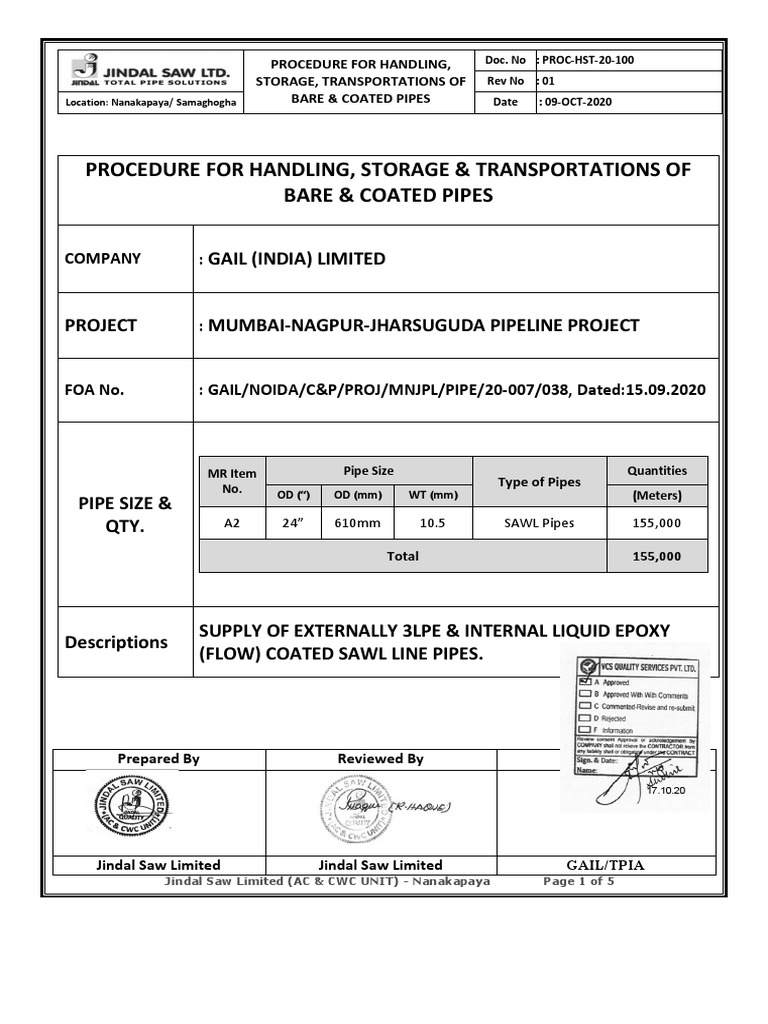 Procedure For Handling, Storage & Transportations of Bare & Coated ...