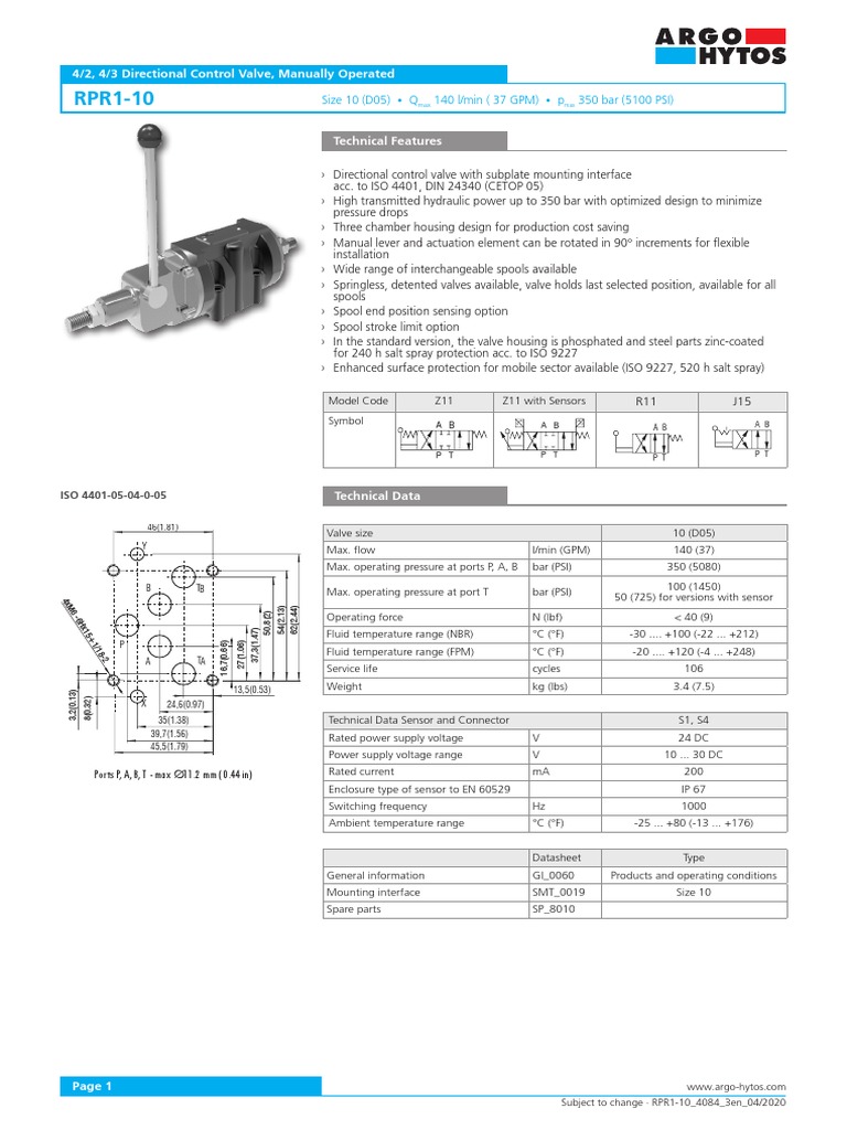 4/2, 4/3 Directional Control Valve, Manually Operated: Size 10 (D05) Q ...