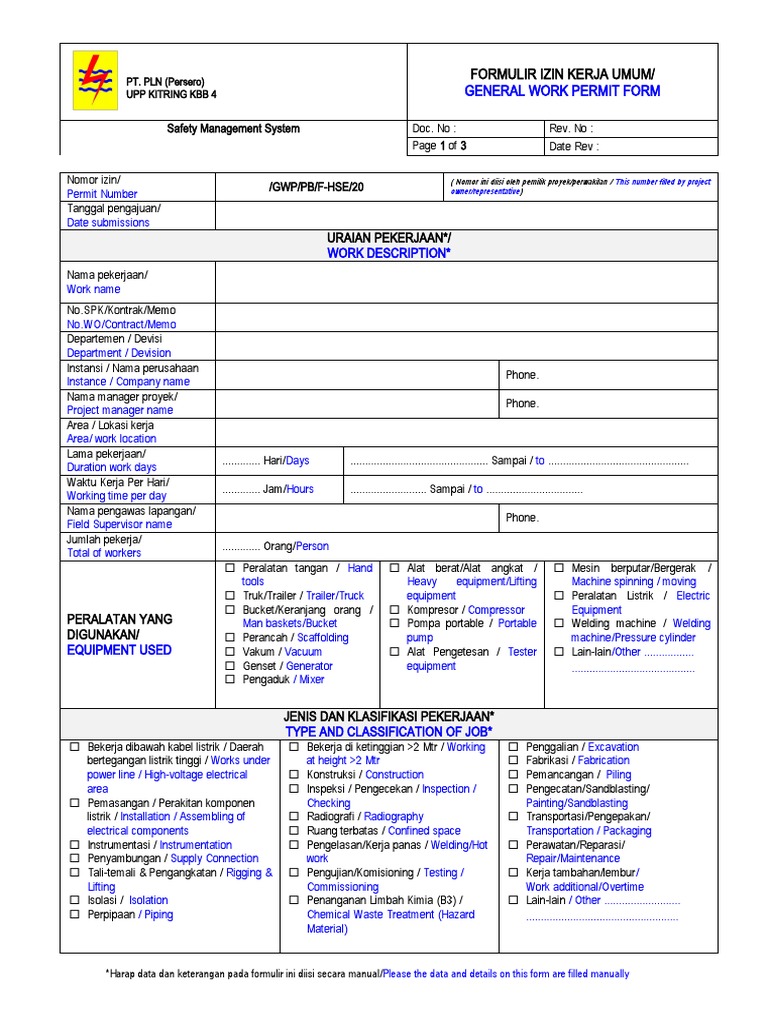 F027-R01. General Work Permit | PDF | Safety | Nature
