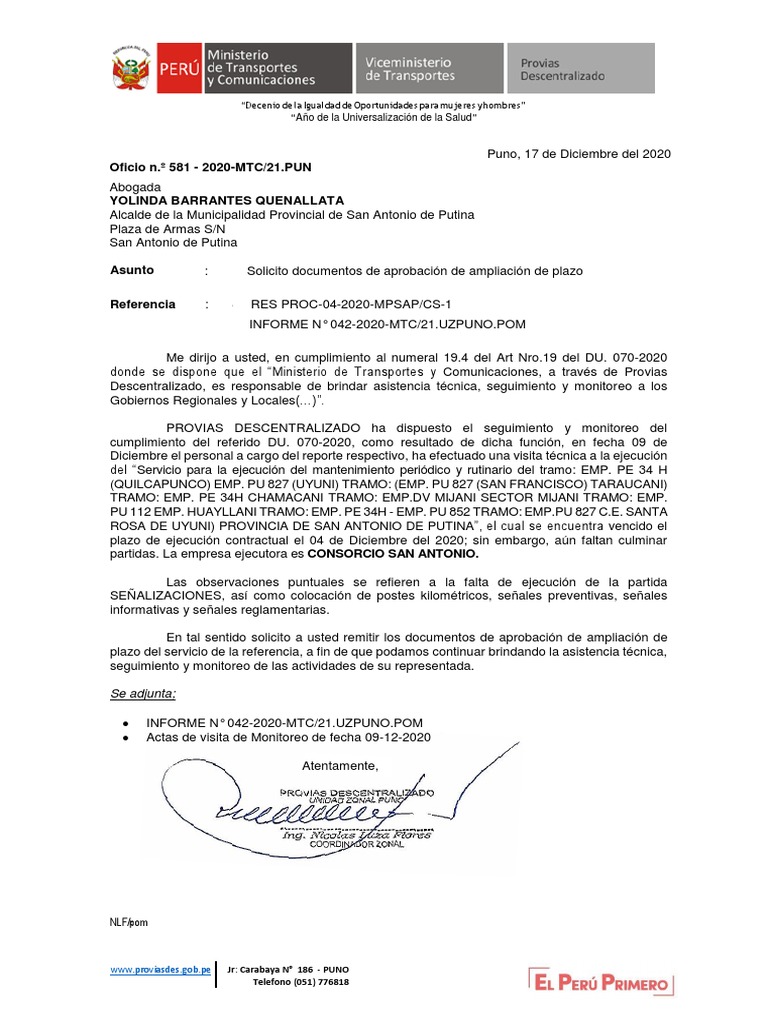 OFICIO 581-Solicito Documentos de Aprobación de Ampliación de Plazo-Inf 042 - MPSAP | PDF | Gobierno
