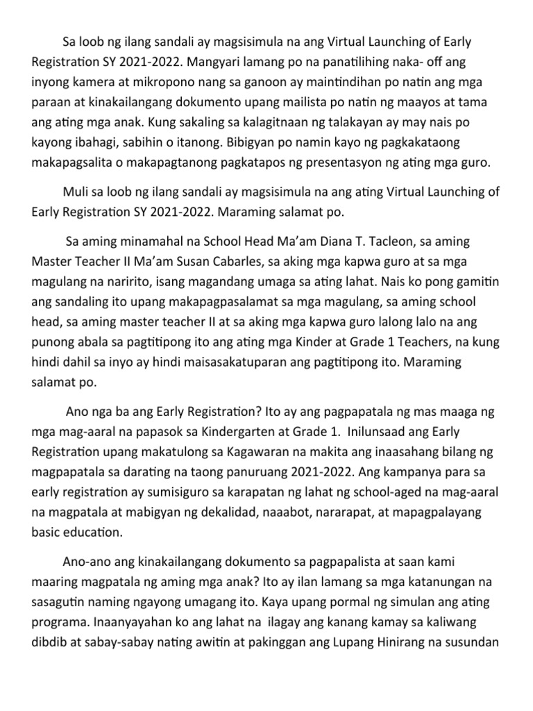 Script-Virtual Launch of Early Registration | PDF