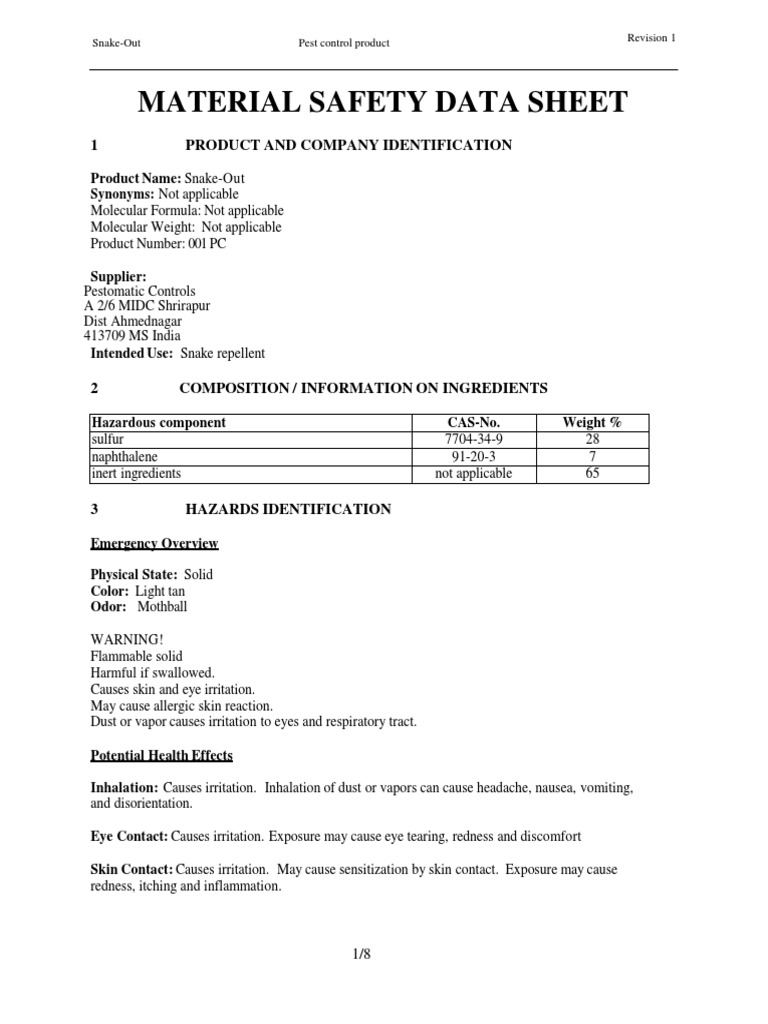 Snake-Out MSDS | PDF | Dangerous Goods | Firefighting