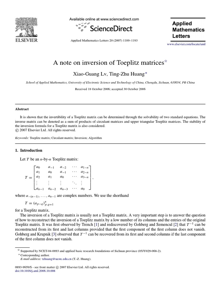 A Note On Inversion Of Toeplitz Matrices Pdf Matrix Mathematics Operator Theory