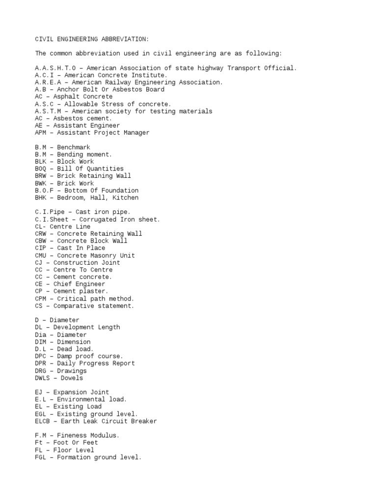 Civil Engineering Abbreviations List | PDF | Concrete | Polyvinyl Chloride