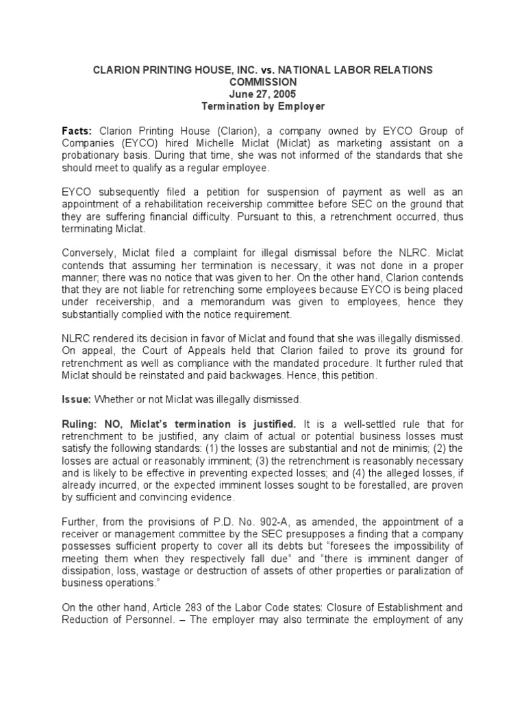 Clarion Printing v. NLRC | PDF | Layoff | Employment