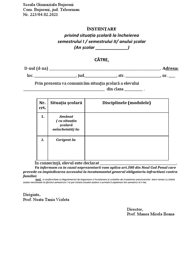 Instiintare Situatie Scolara | PDF