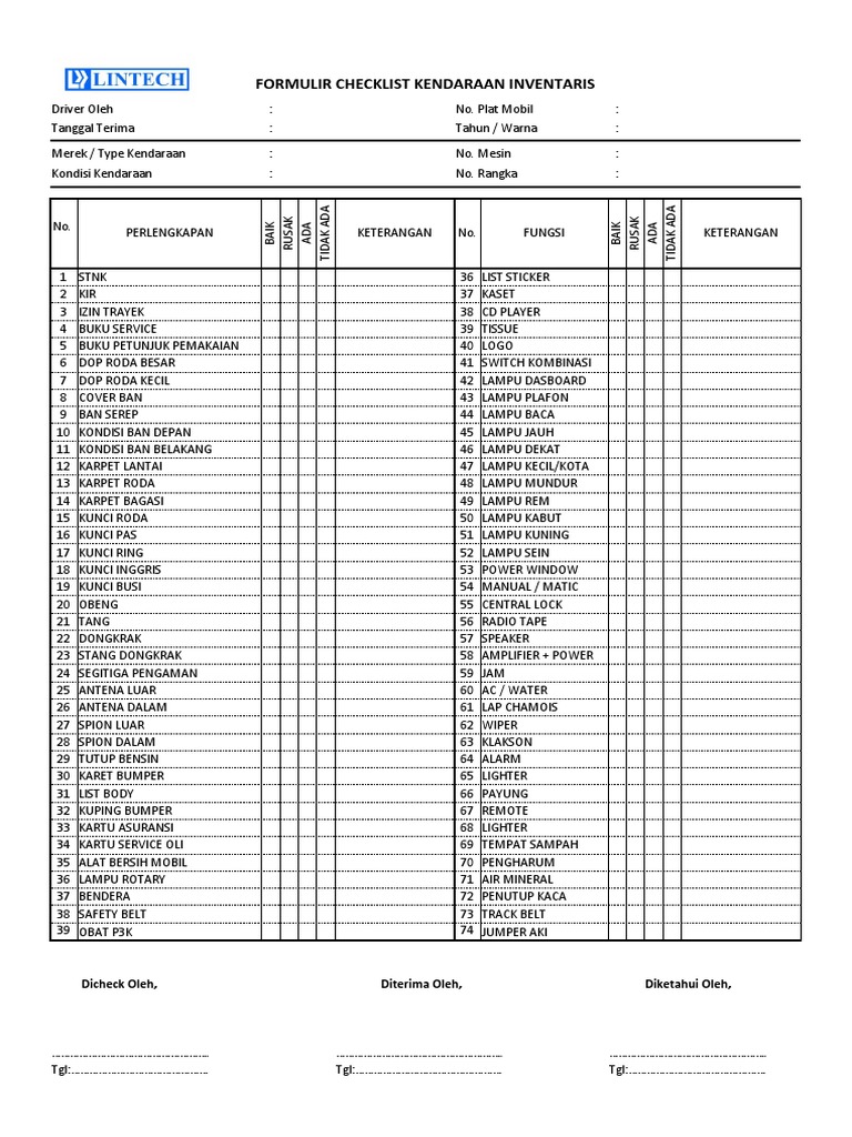 Formulir Checklist Kendaraan Inventaris | PDF