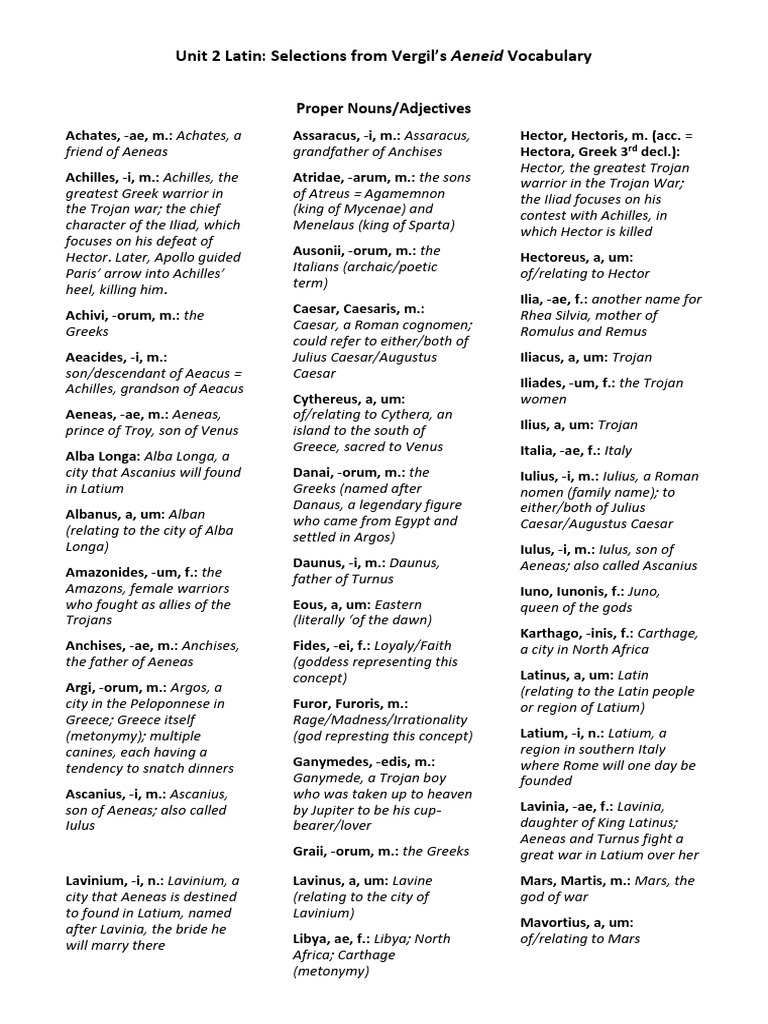 Unit 2 Latin: Selections From Vergil's Aeneid Vocabulary: Proper Nouns ...