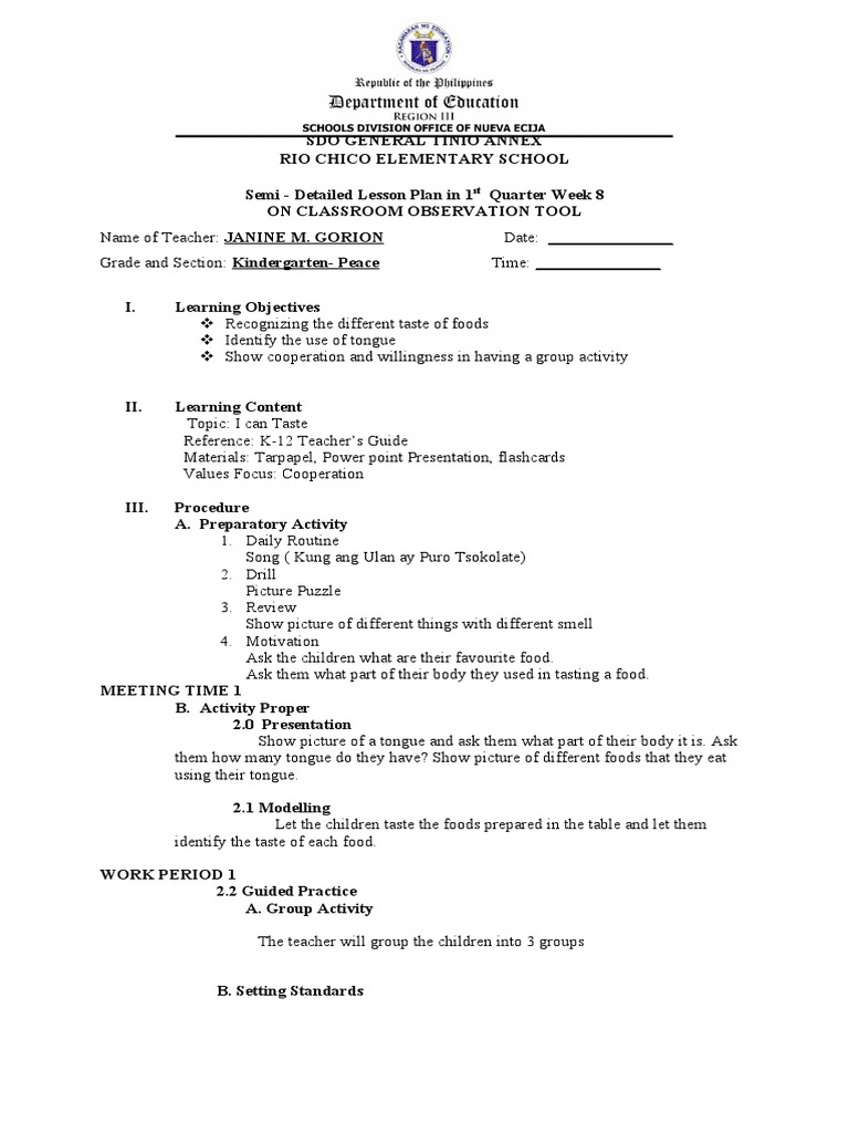 Cot - Kindergarten-Peace | PDF | Taste | Lesson Plan