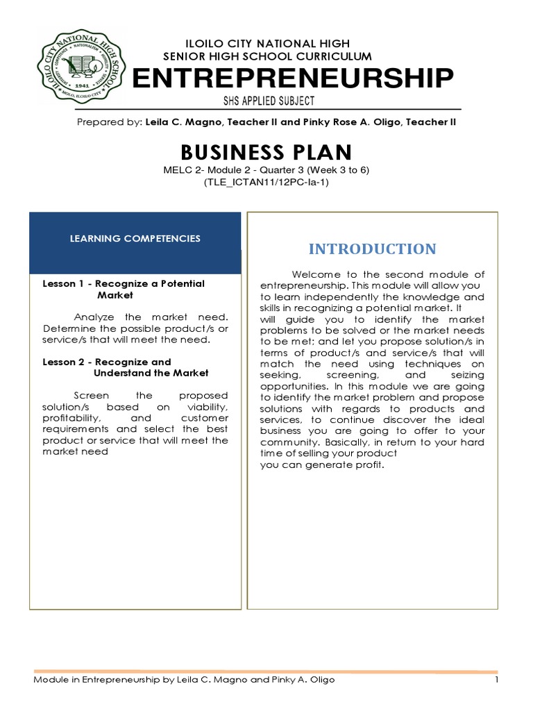 Entrepreneurship: Business Plan | PDF | Entrepreneurship | Market ...