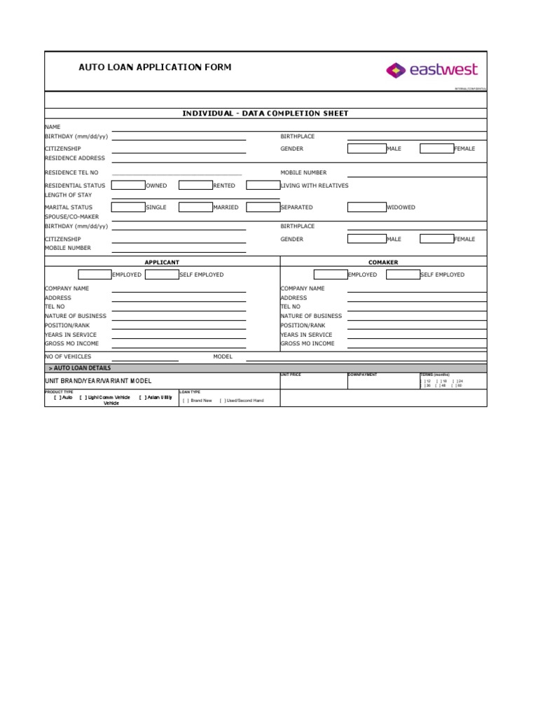 Auto Loan Application Form: Individual - Data Completion Sheet | PDF ...