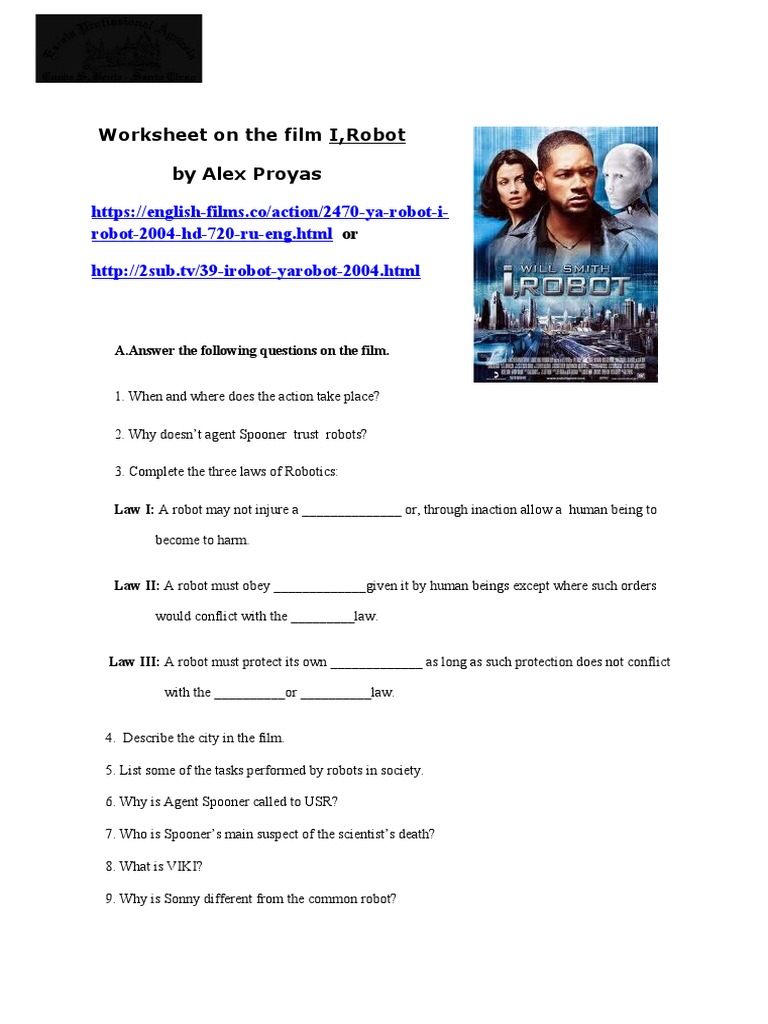 Worksheet On The Film I Robot Fun Activities Games Video Movie ...