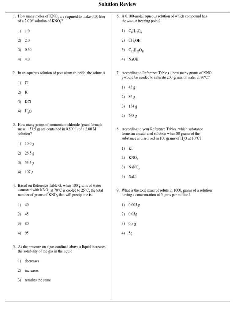 Quarter 3 Solutions Review Regents Style Questions | PDF | Solubility ...