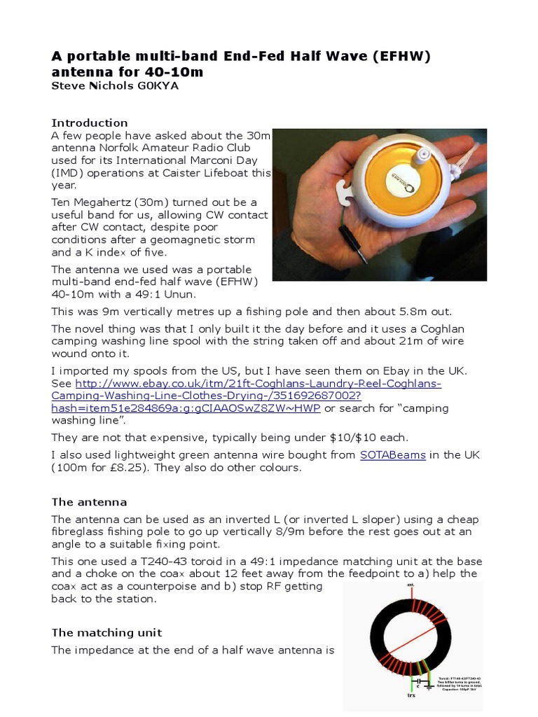 A Portable Multi-Band End-Fed Half Wave (EFHW) Antenna For 40-10m | PDF ...