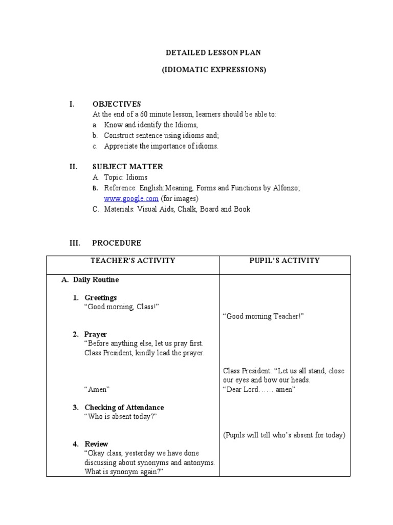 Detailed Lesson Plan (Idiomatic Expressions) | PDF | Idiom | Languages