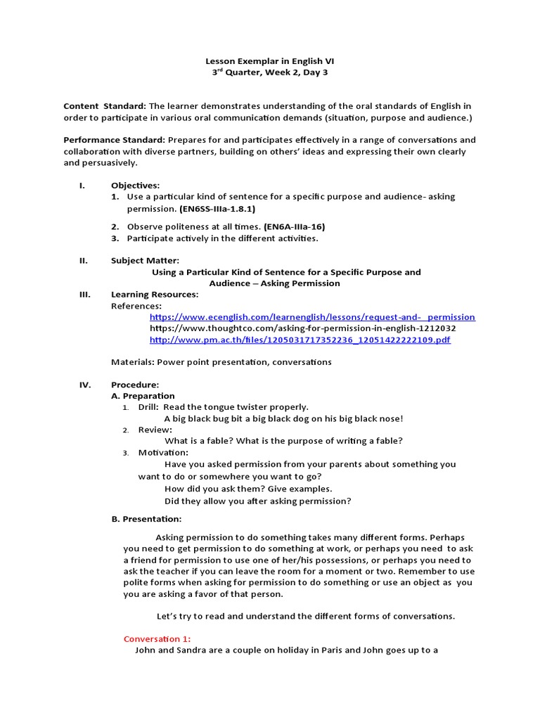 Lesson Exemplar in English VI | PDF | English Language | Learning