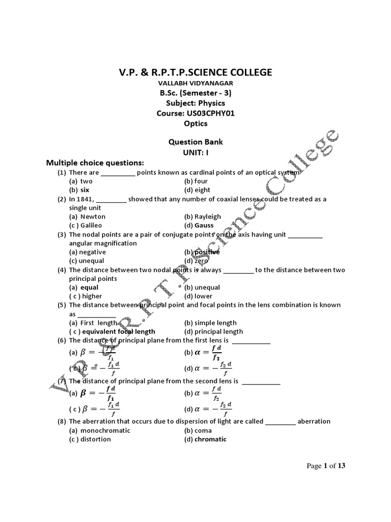 Optics Question Bank for B.Sc. Physics | PDF | Polarization (Waves) | Diffraction