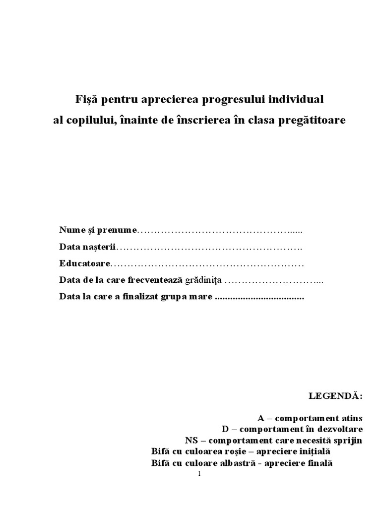 Fisa Pentru Aprecierea Progresului Individual | PDF