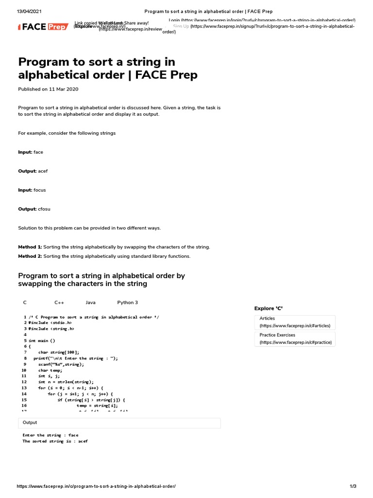 Program To Sort A String In Alphabetical Orde Sdsdr Face Prep Pdf String Computer Science