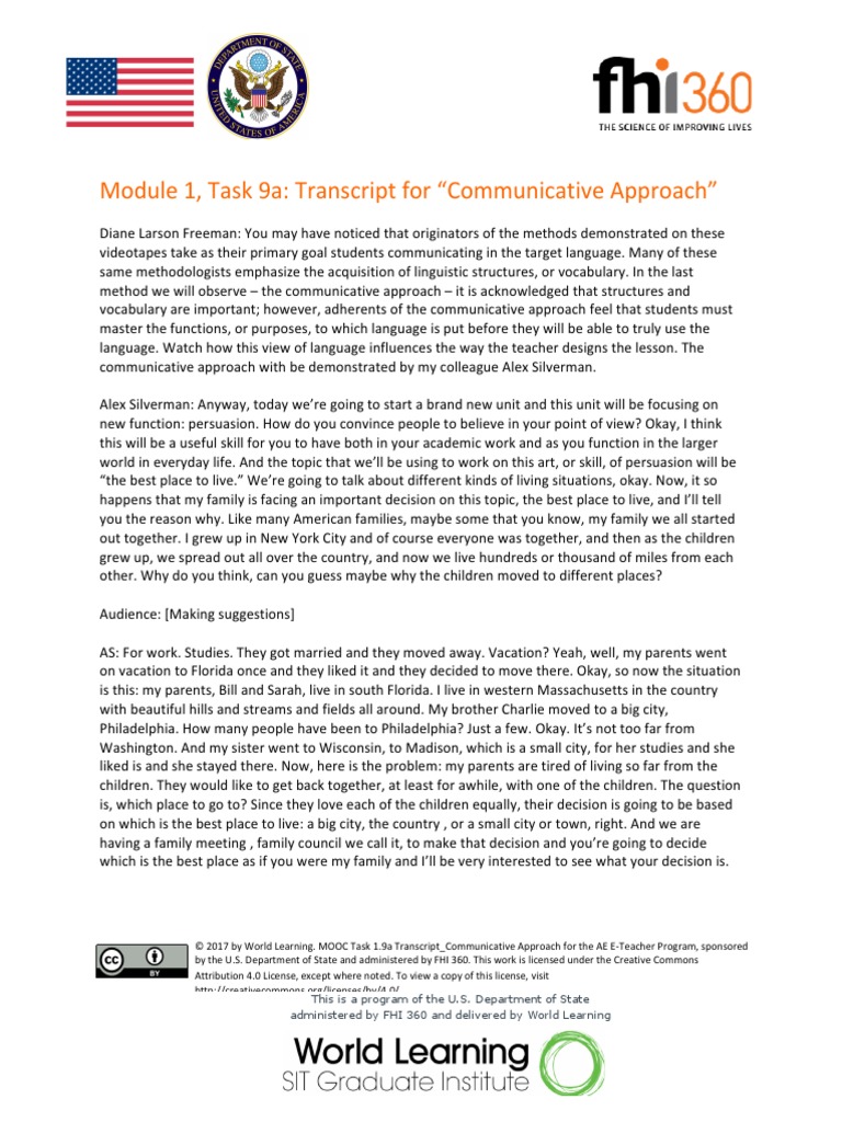MOOC Task 1.9a Transcript - Communicative Approach | PDF | Persuasion | Teachers