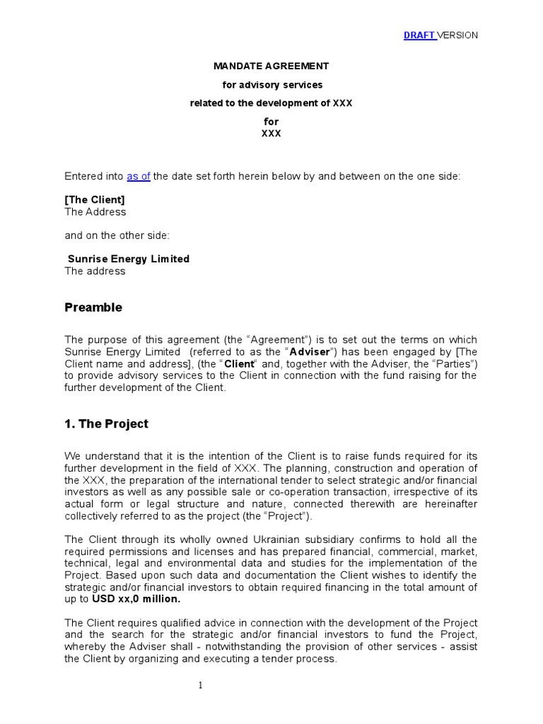 Mandate Agreement Draft Advises XXX Development | PDF | Costs In ...