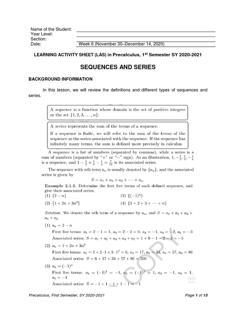 Sequences and Series: Learning Activity Sheet (Las) in | PDF ...