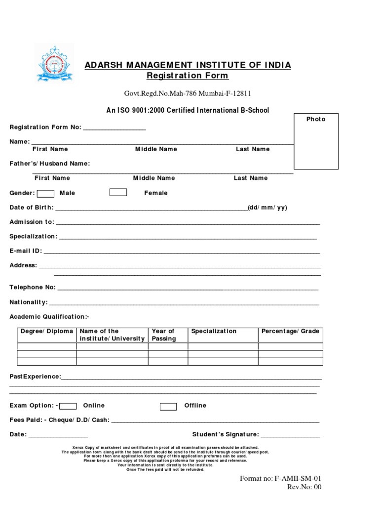 Adarsh Management Institute of India Registration Form: An ISO 9001:2000 Certified International ...