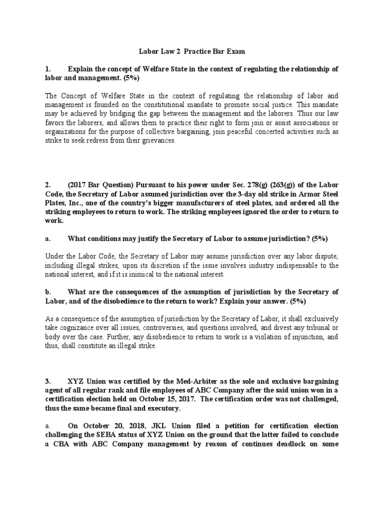 Labor Law 2 Practice Bar Exam Sample | PDF | Strike Action | Employment