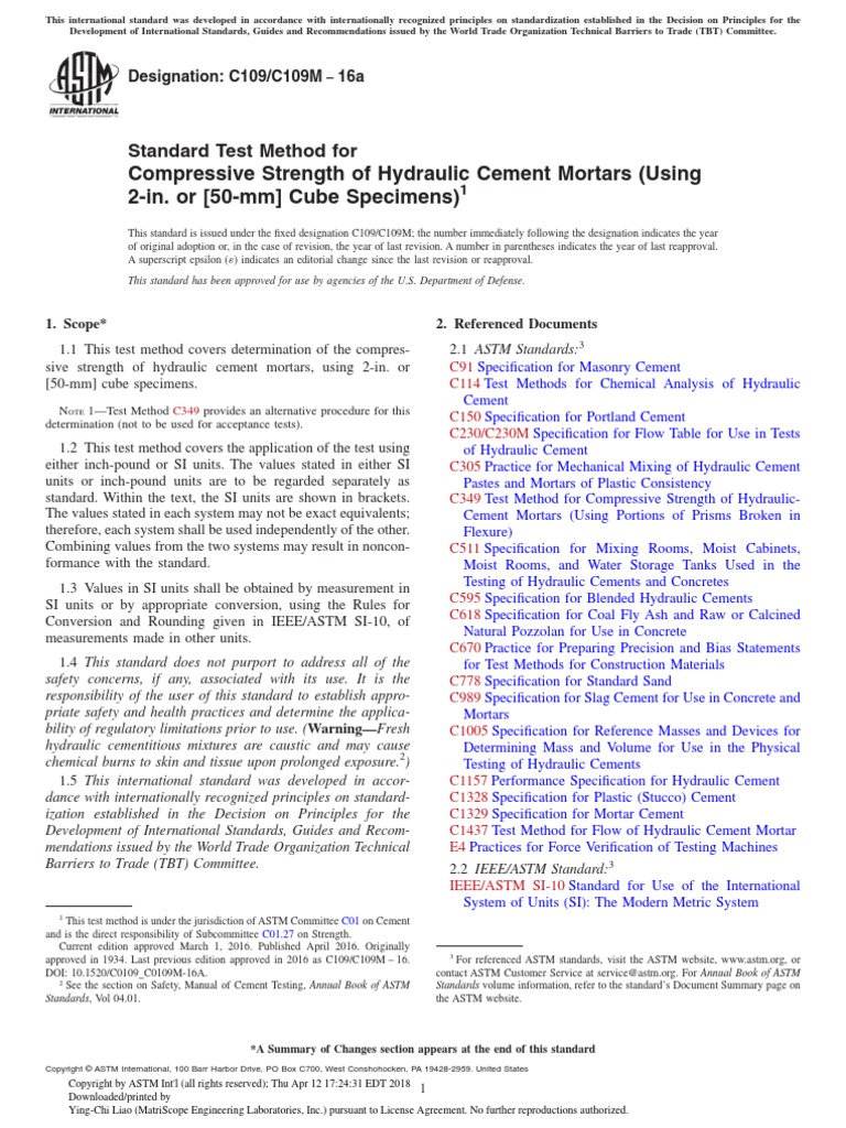 Astm C109-16 | PDF | Cement | Mortar (Masonry)