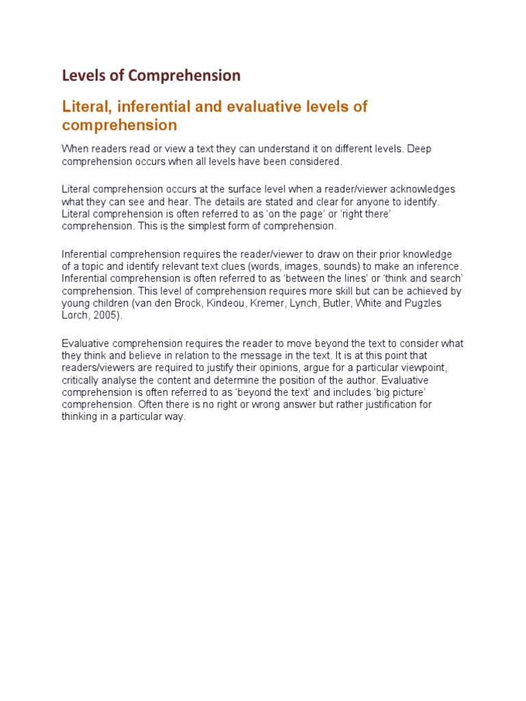 Literal, Inferential and Evaluative Levels of Comprehension | PDF